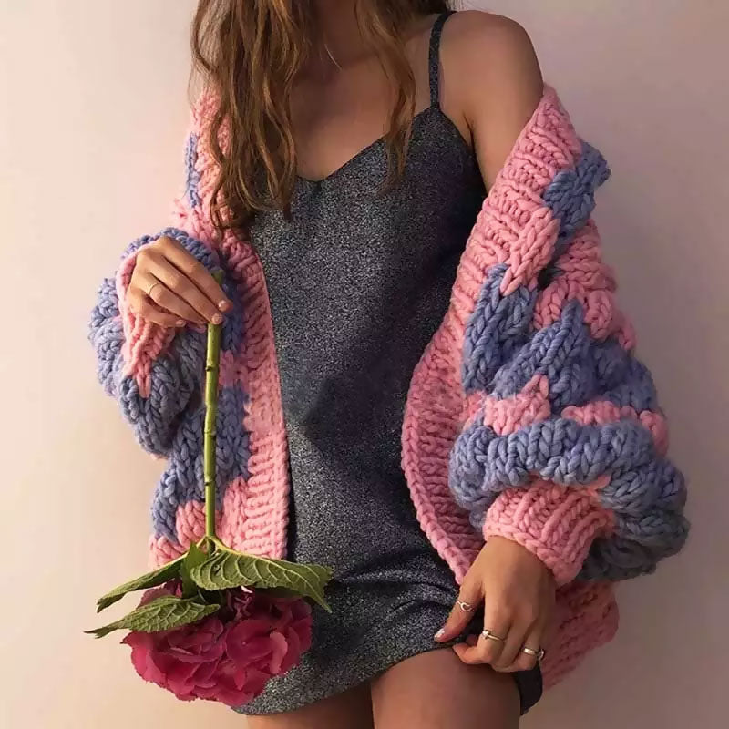 Vintage Oversized Puff Sleeve Hand Knit Chunky Yarn Popcorn Cardigan ...
