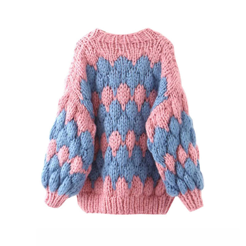 Vintage Oversized Puff Sleeve Hand Knit Chunky Yarn Popcorn Cardigan ...