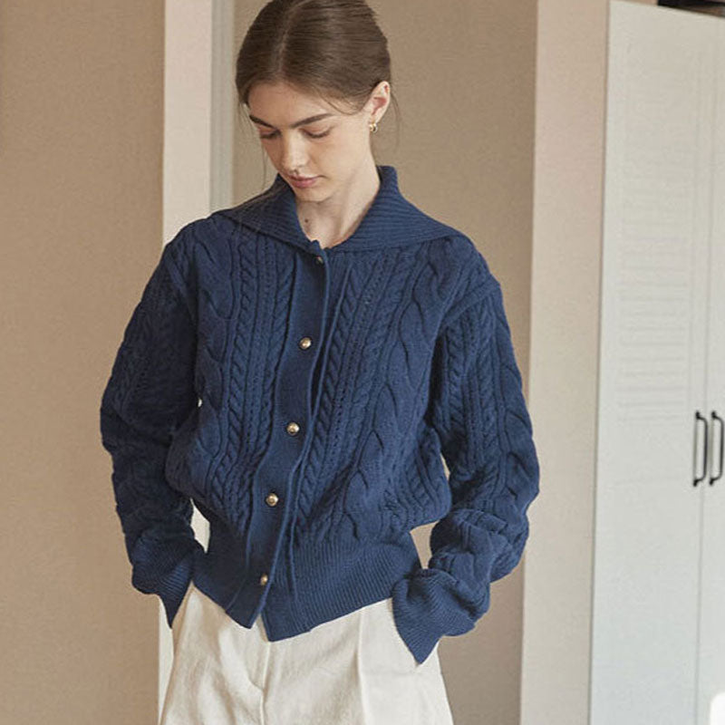 Vintage Sailor Collar Button Up Oversized Cable Knit Fisherman Cardiga ...
