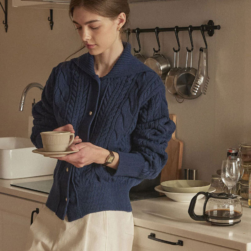 Vintage Sailor Collar Button Up Oversized Cable Knit Fisherman Cardiga ...