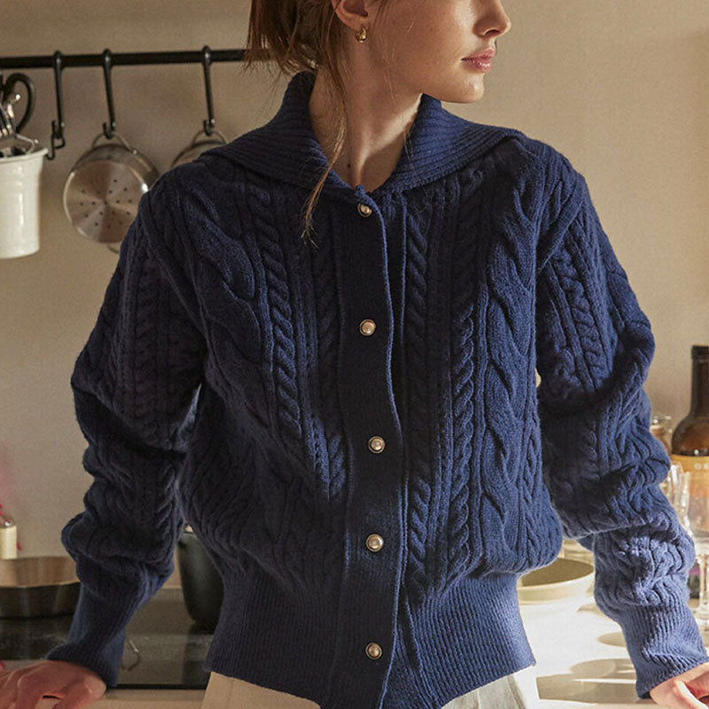 Vintage Sailor Collar Button Up Oversized Cable Knit Fisherman Cardiga ...