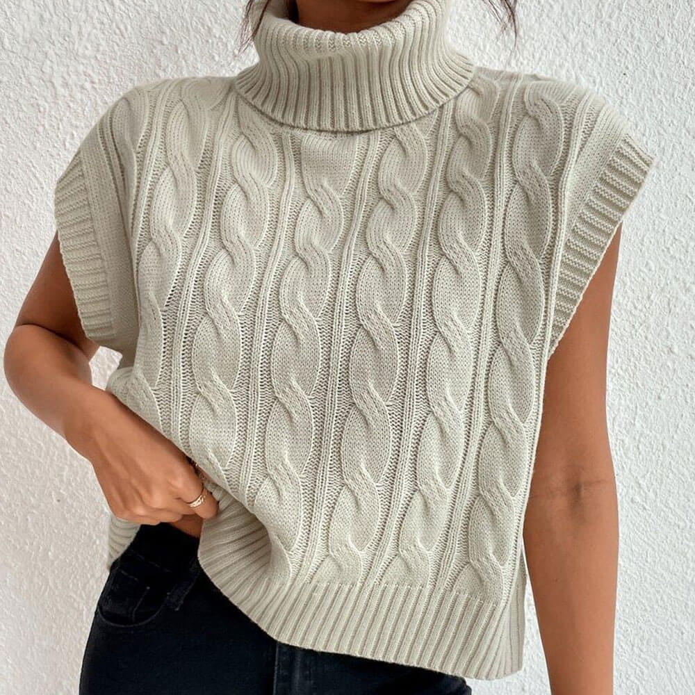 Vintage Solid Color Turtleneck Cap Sleeve Cable Knit Pullover Sweater ...